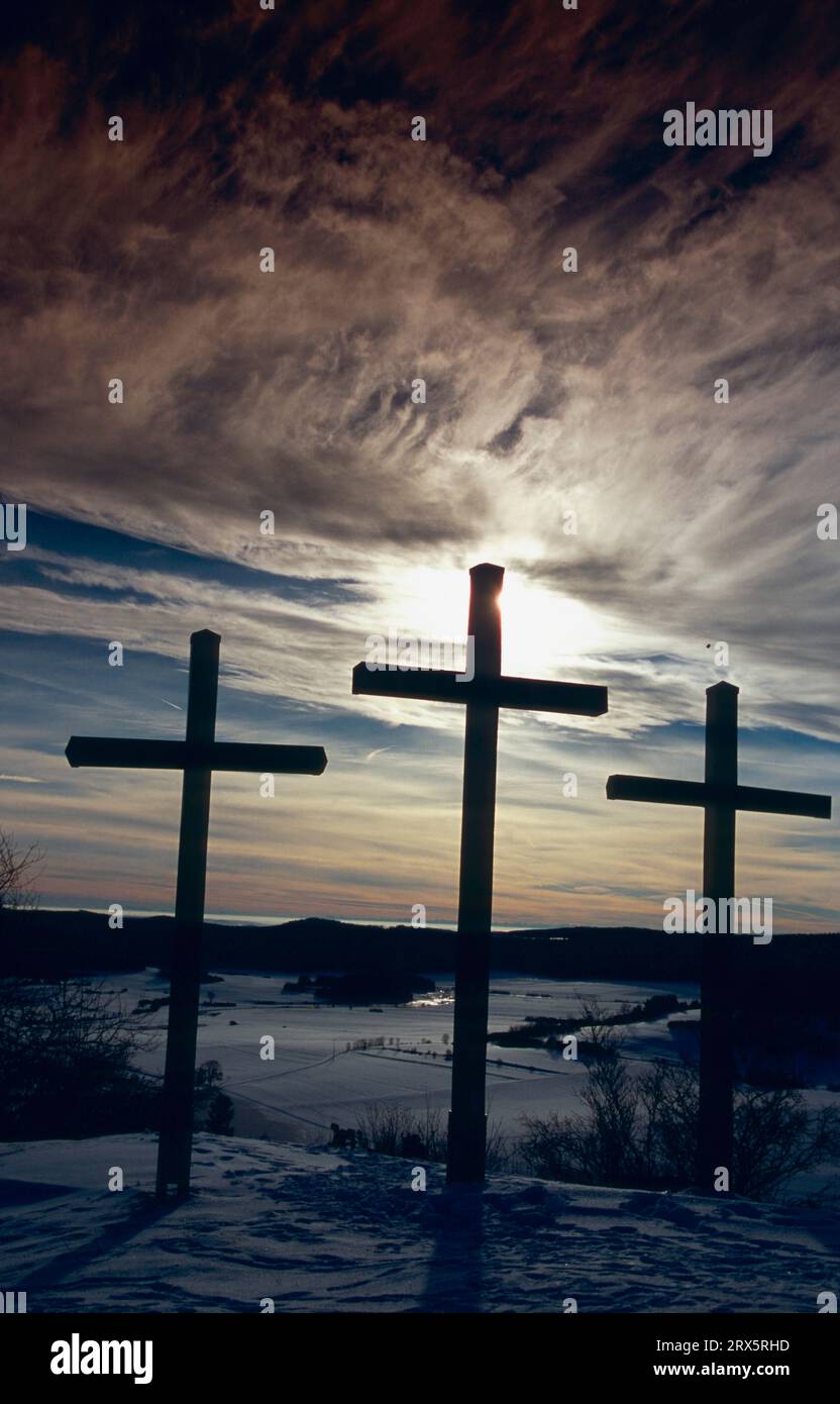 Three crosses on the Kornbuehl at sunrise, Swabian Alb Stock Photo - Alamy