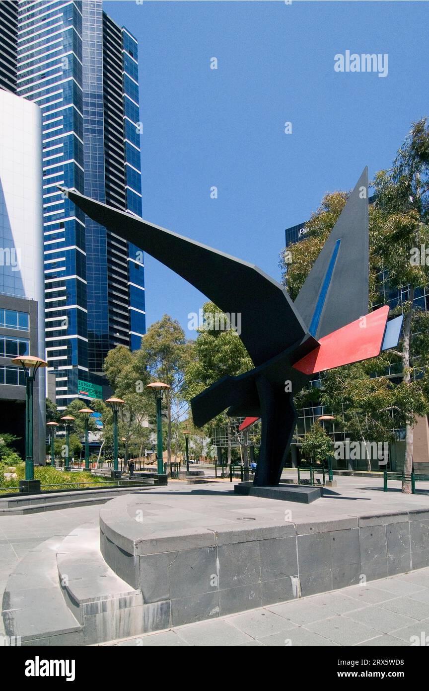 Sculpture in front of high-rise building, Southbank Promenade ...