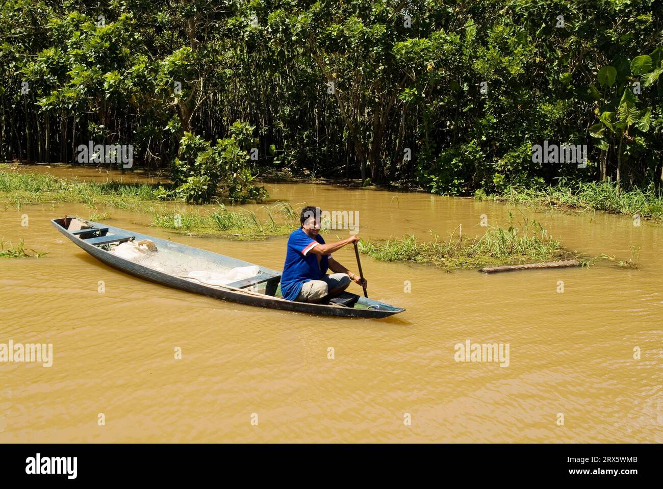Man from the Caboclos tribe, in boat on the Amazon, Brazil Stock Photo ...