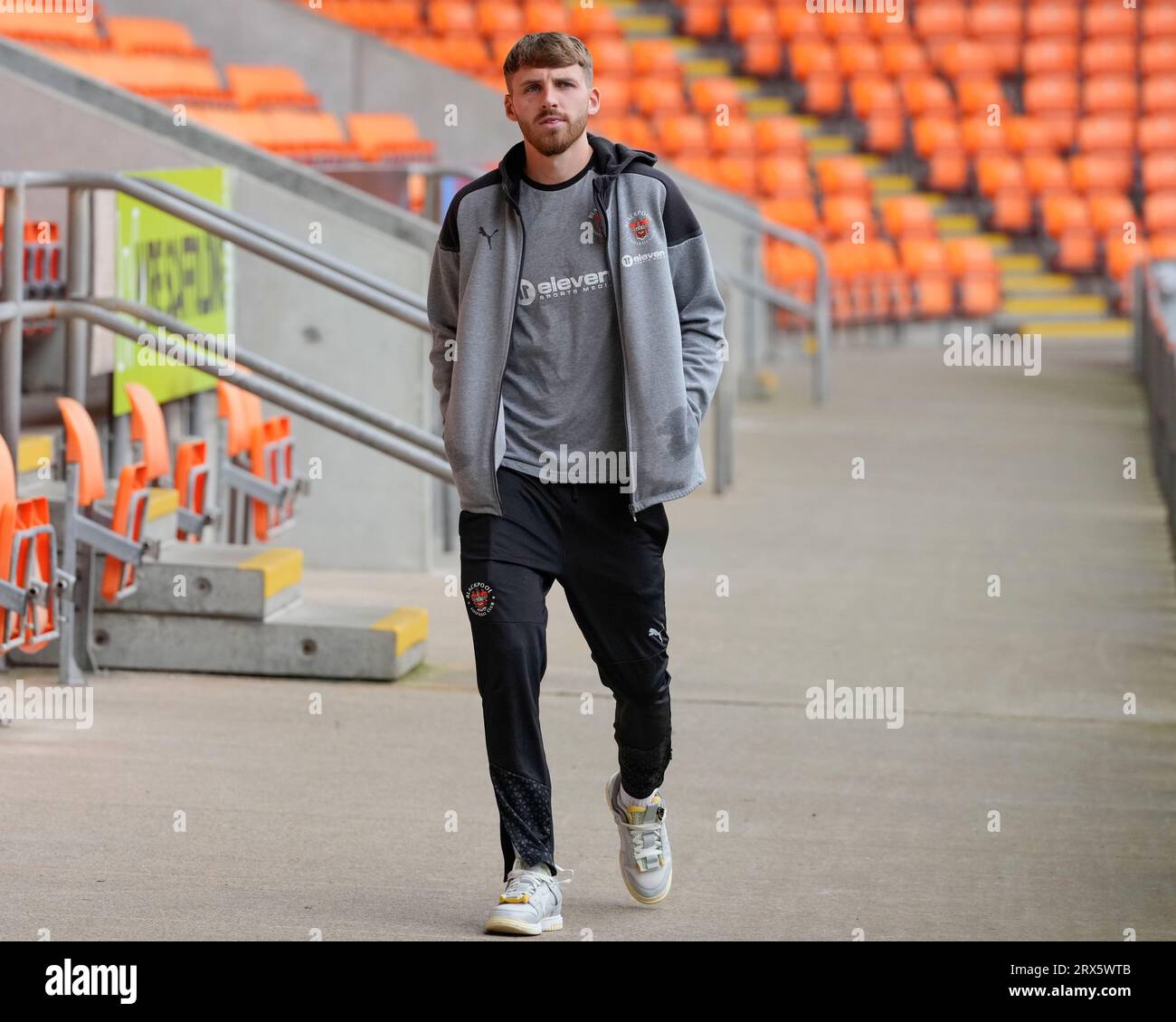 Daniel Grimshaw #32 of Blackpool arrives at the stadium before the Sky Bet League 1 match ...