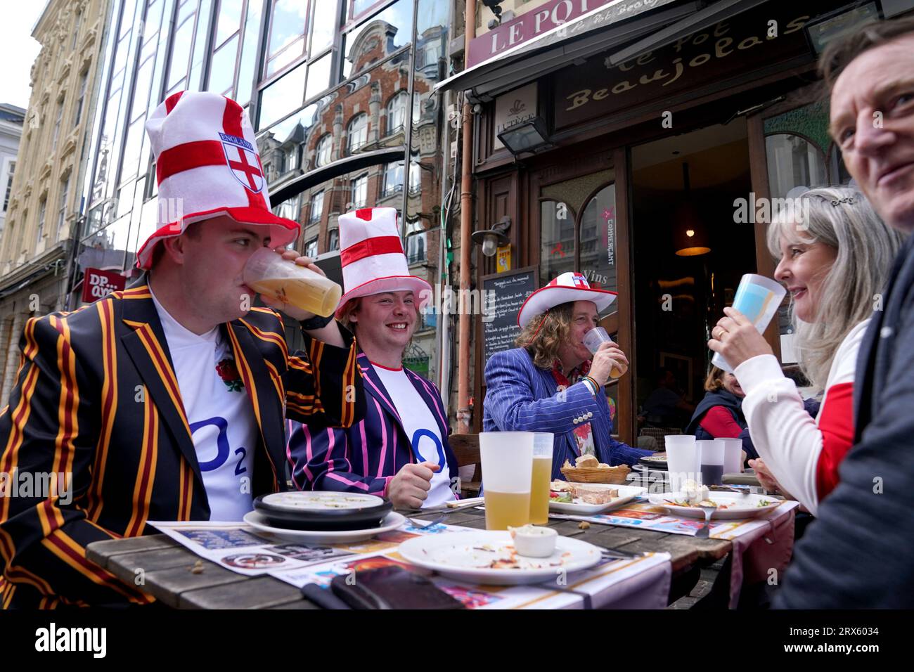 England fans eat breakfast at the Place du General de Gaulle before the ...