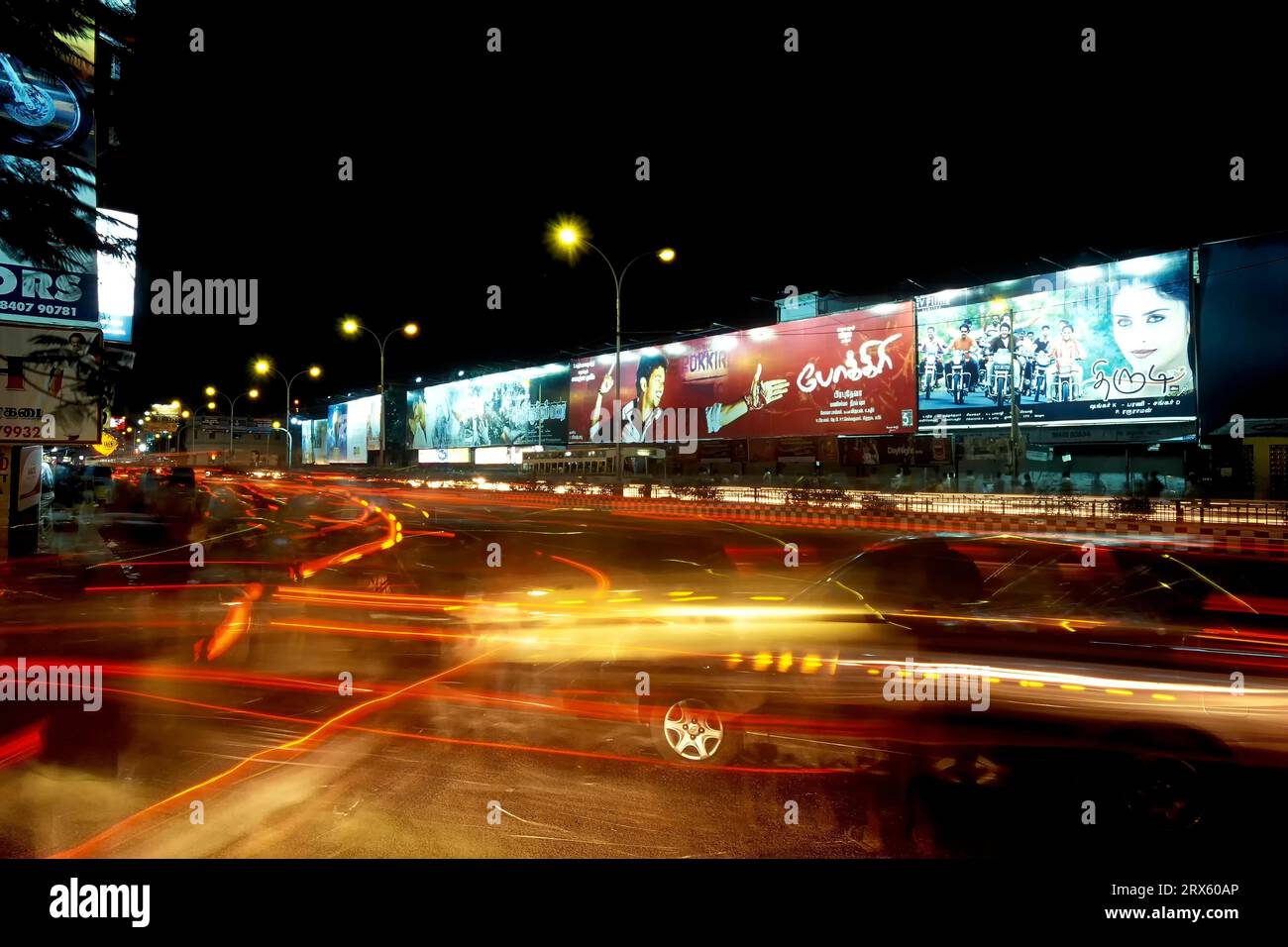 Traffic in night and cinema hoardings in Anna Salai, Chennai, Tamil ...