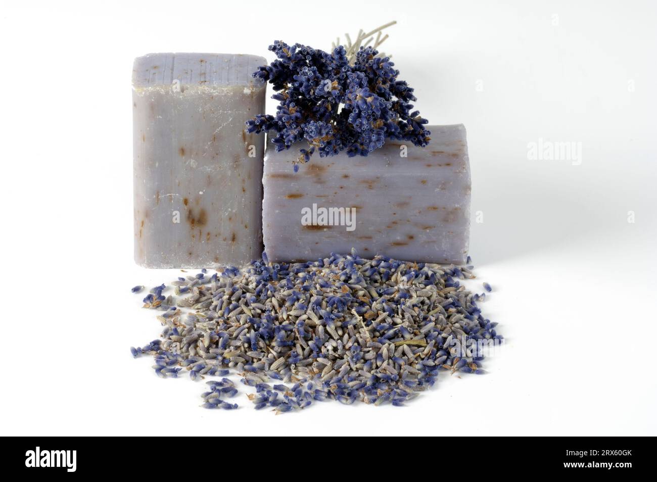 Lavender soap and dried lavender flowers (Lavandula angustifolia ...