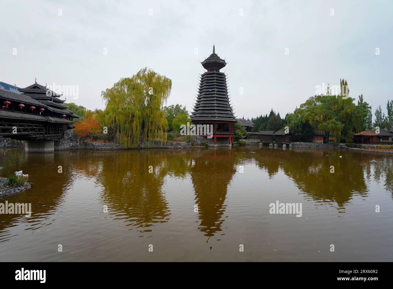 Beijing China, November 2, 2022: Wind rain Bridge and Drum Tower of Dong Nationality in China ...