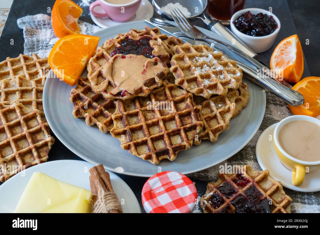 Homemade waffles with blueberry jam and peanut butter Stock Photo - Alamy
