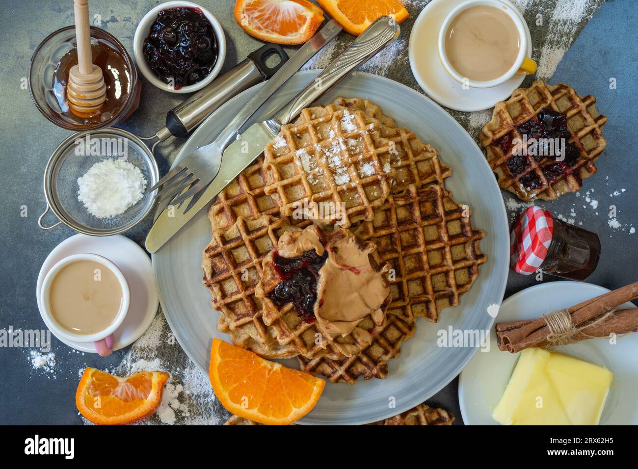 Homemade waffles with blueberry jam and peanut butter Stock Photo - Alamy