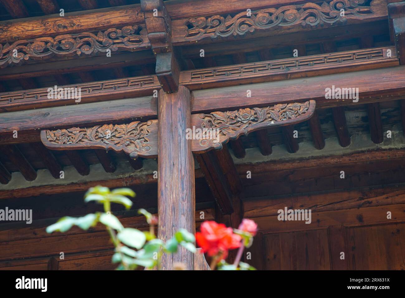 Woodcarving of the fence building of the Salar people Museum in the ...