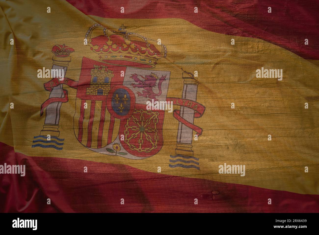 Spain flag on black wood wall. Horizontal panoramic banner. 3D ...