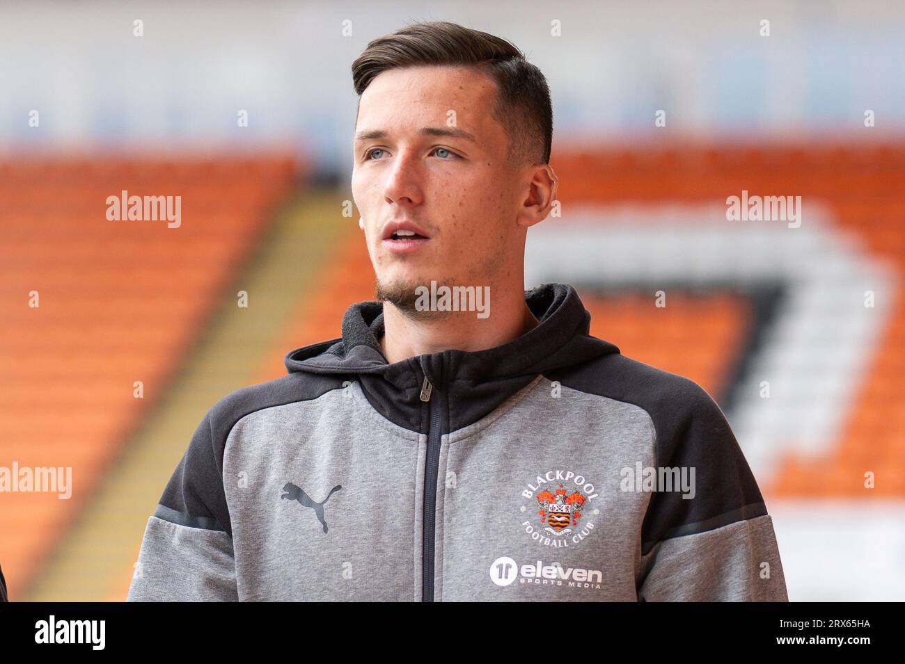 Oliver Casey #20 of Blackpool arrives ahead of the Sky Bet League 1 ...