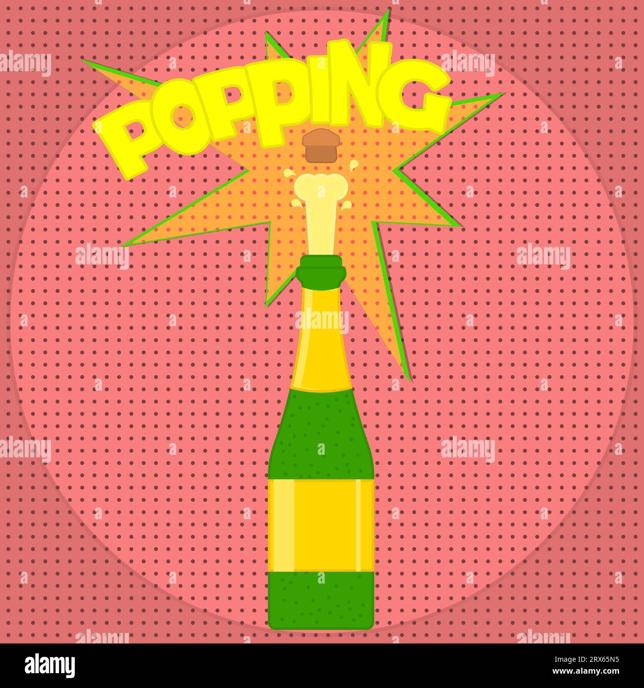 Cork popping from an open champagne bottle. Pop art retro style with ...