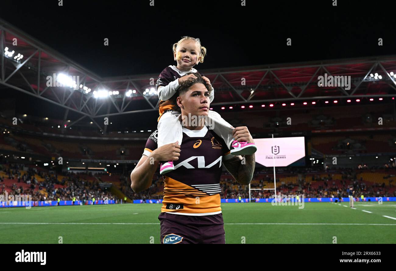 Reece Walsh of the Broncos celebrates with daughter Leila following the ...