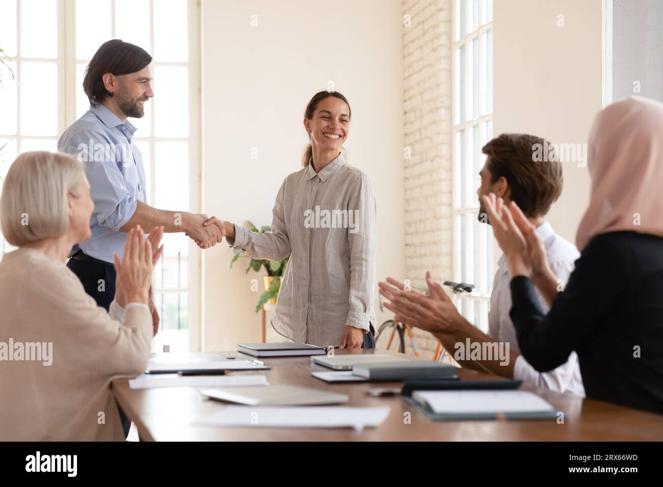 Boss handshake successful team member express gratitude for good work ...