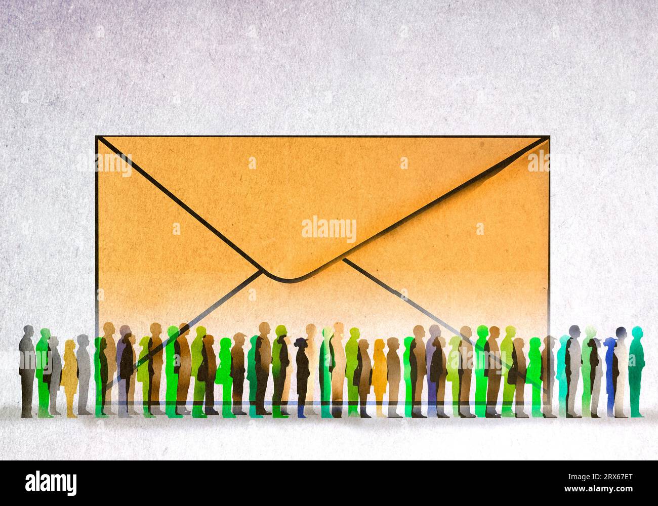 People waiting in line in front of oversized envelope Stock Photo - Alamy