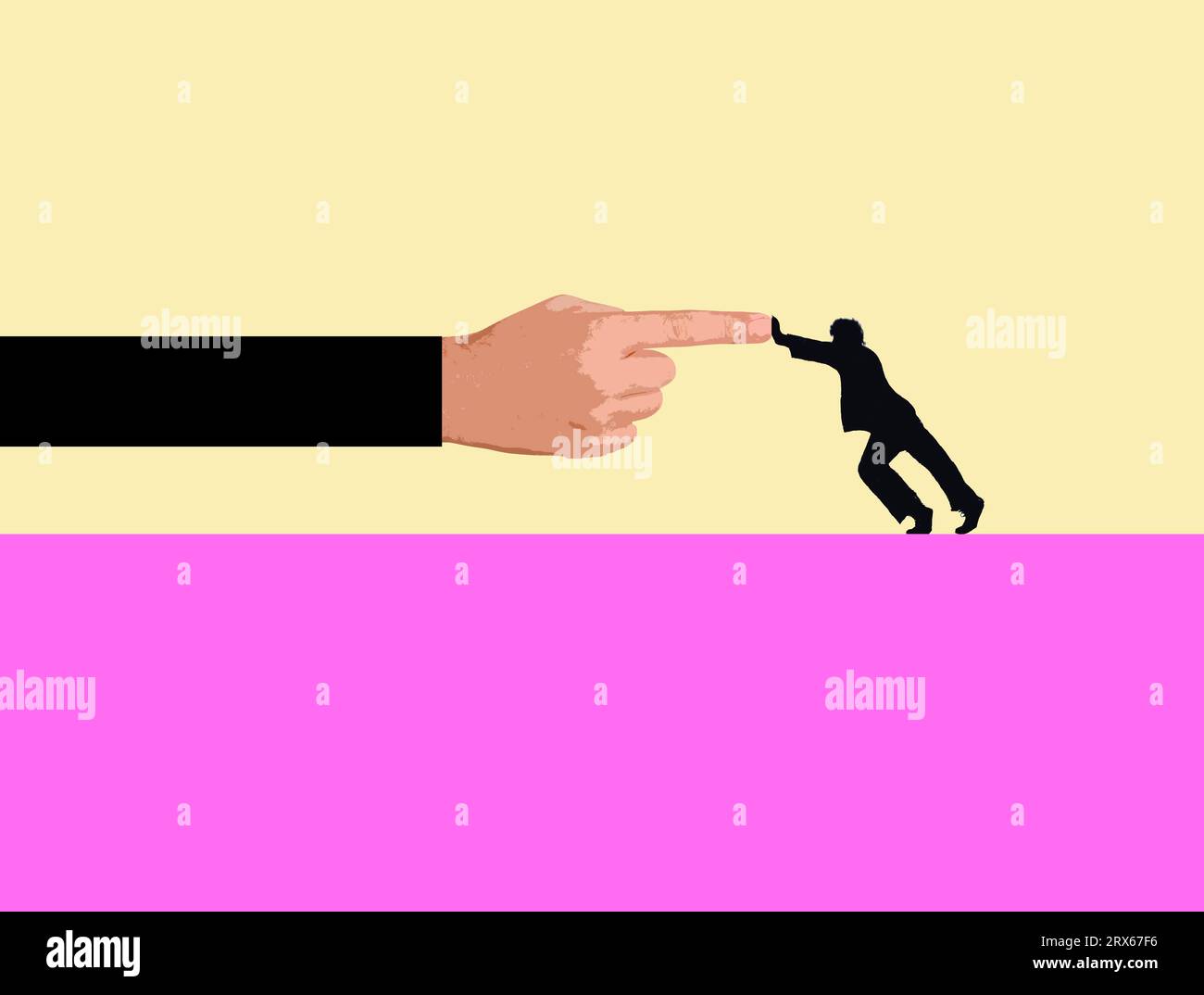 Silhouette of man pushing against oversized hand Stock Photo - Alamy