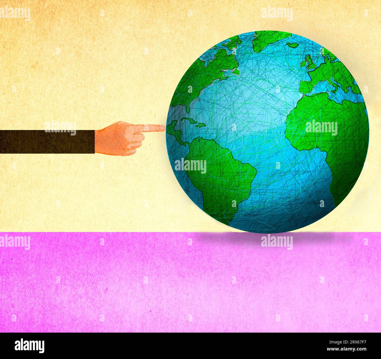 Illustration of oversized hand pushing planet Earth Stock Photo - Alamy