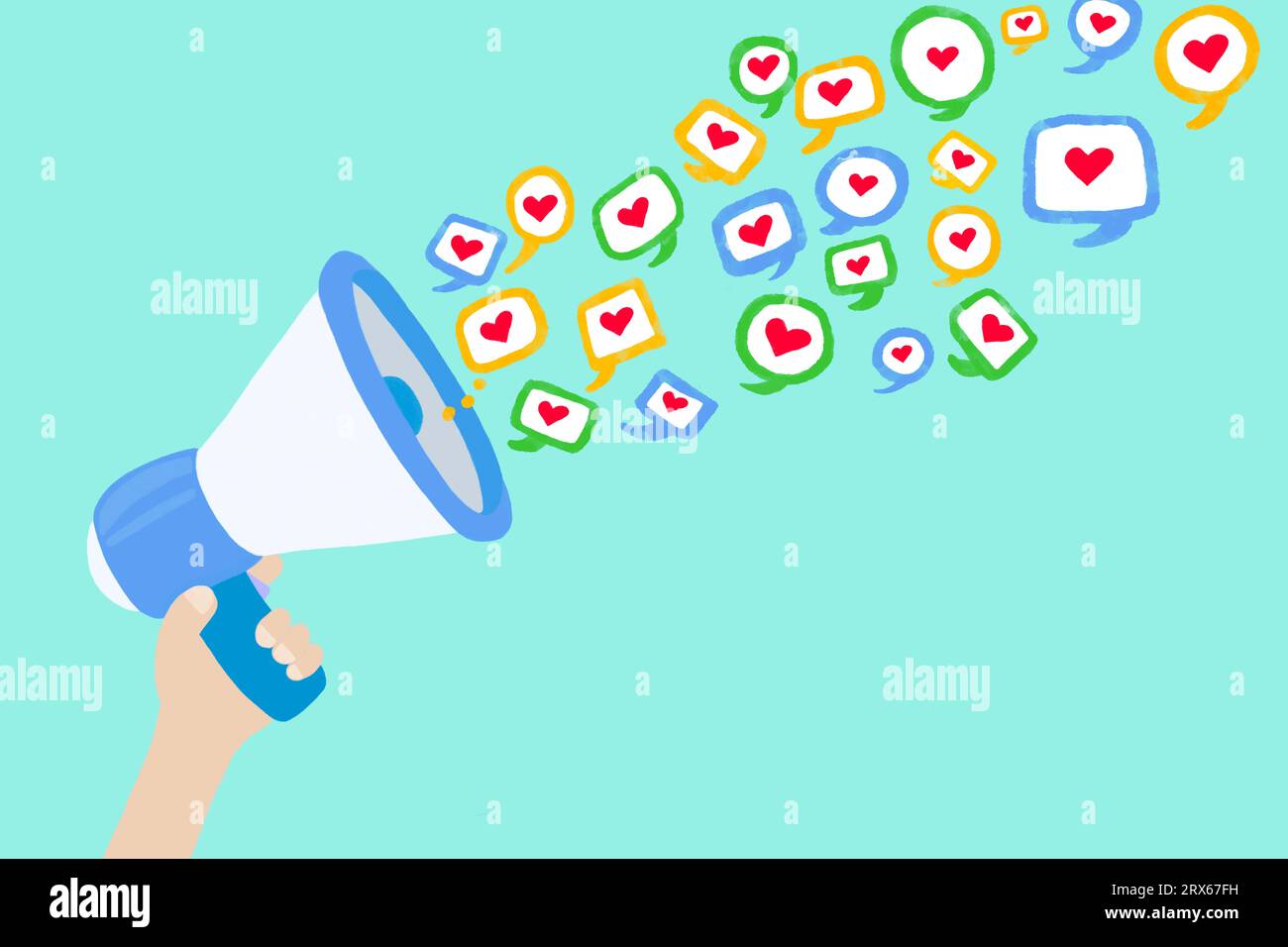 Illustration of hand holding megaphone spewing heart shaped social ...