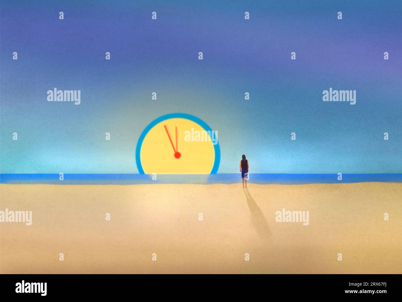 Woman on beach looking at oversized clock disappearing over horizon ...