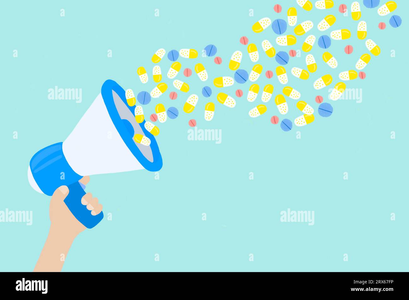 Illustration of hand holding megaphone spewing various pills Stock ...