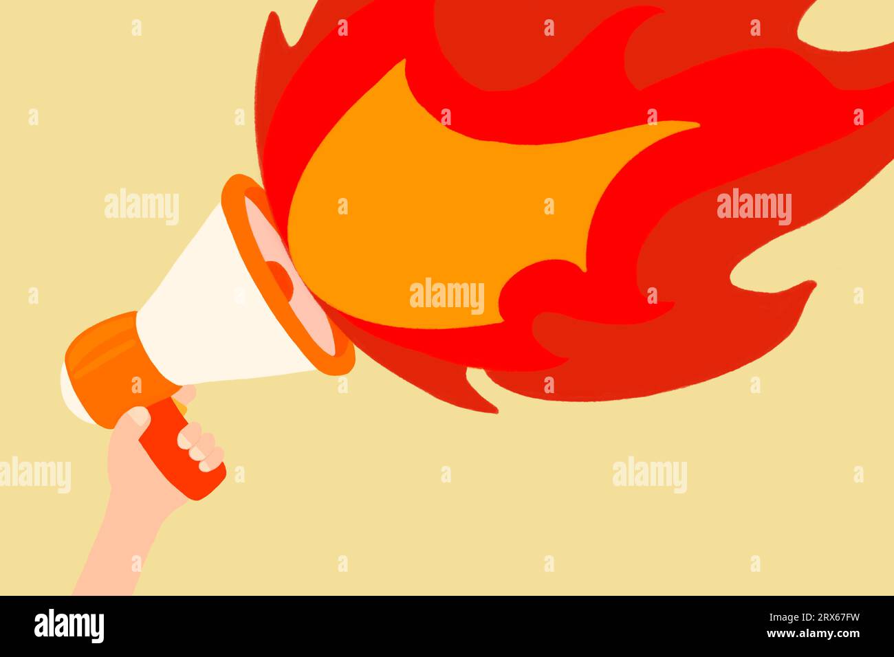 Illustration of hand holding megaphone spewing fire Stock Photo - Alamy