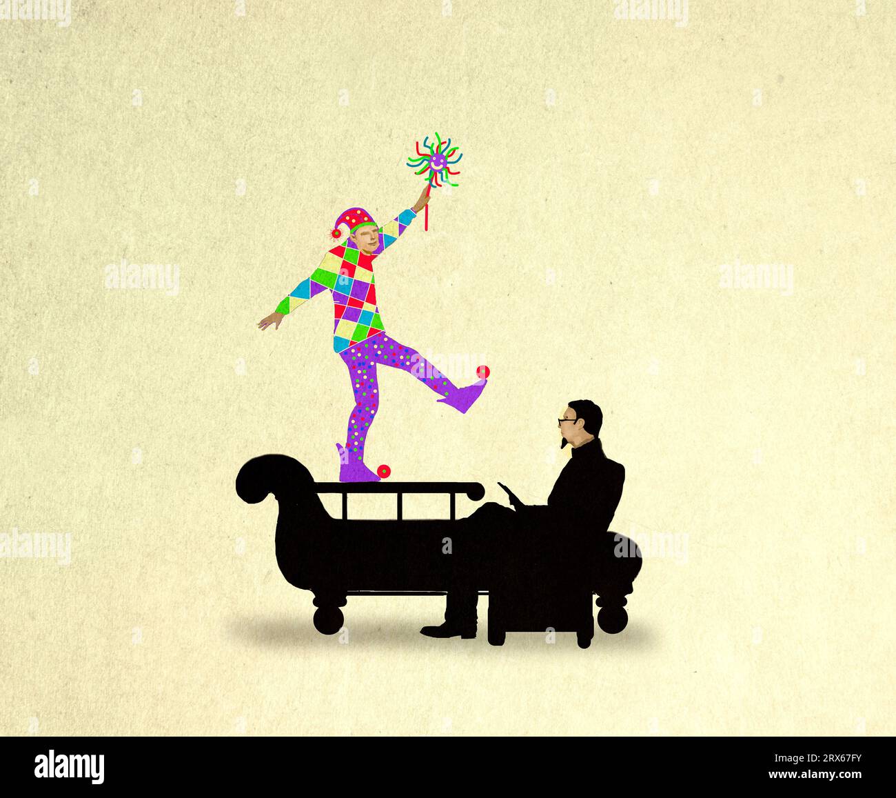 Psychiatrist diagnosing jester balancing on top of sofa Stock Photo - Alamy