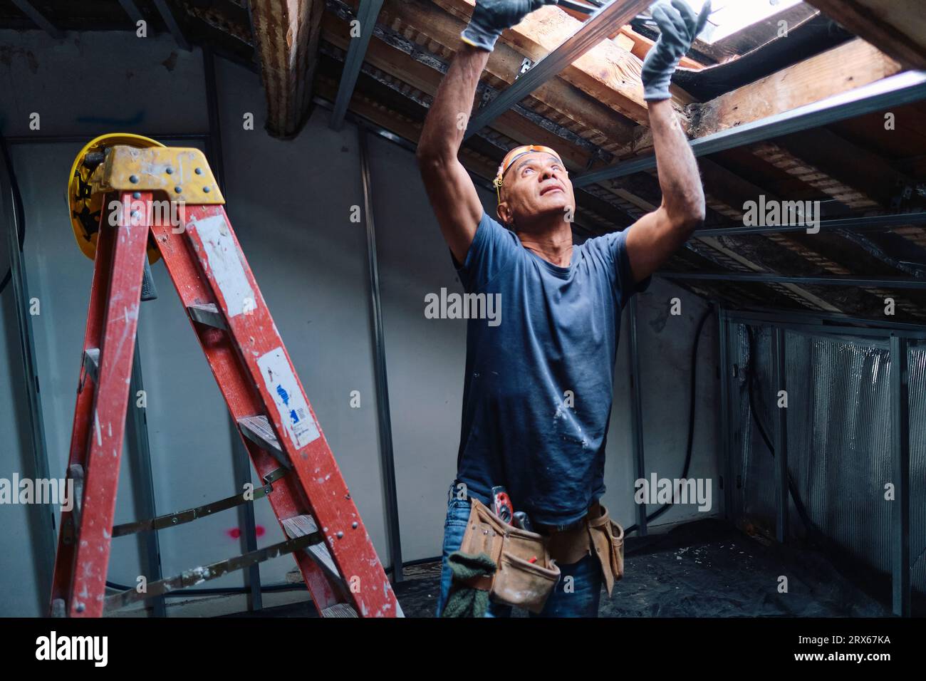 Mature construction worker repairing ceiling in attic Stock Photo - Alamy
