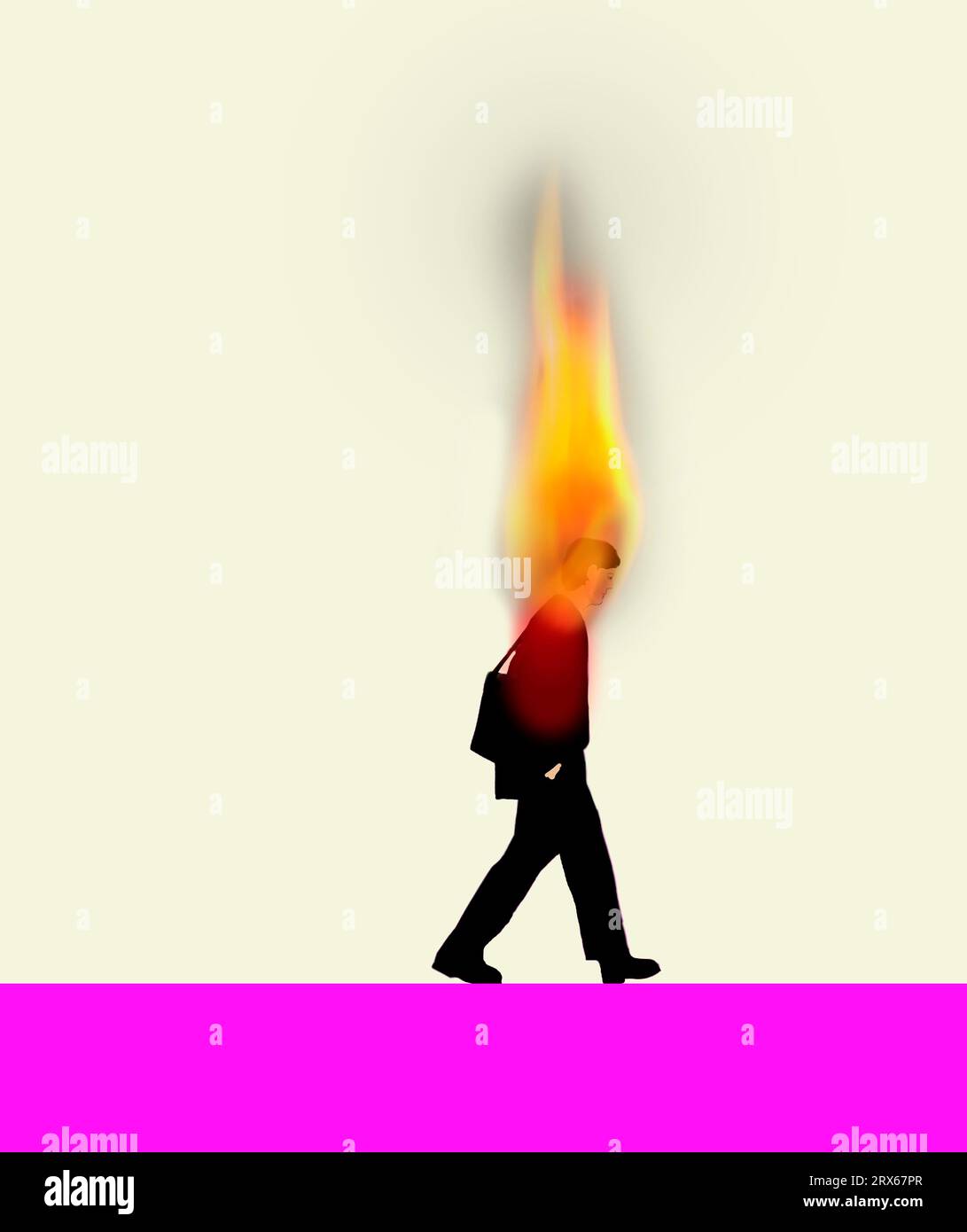 Illustration of burning businessman walking against yellow background ...