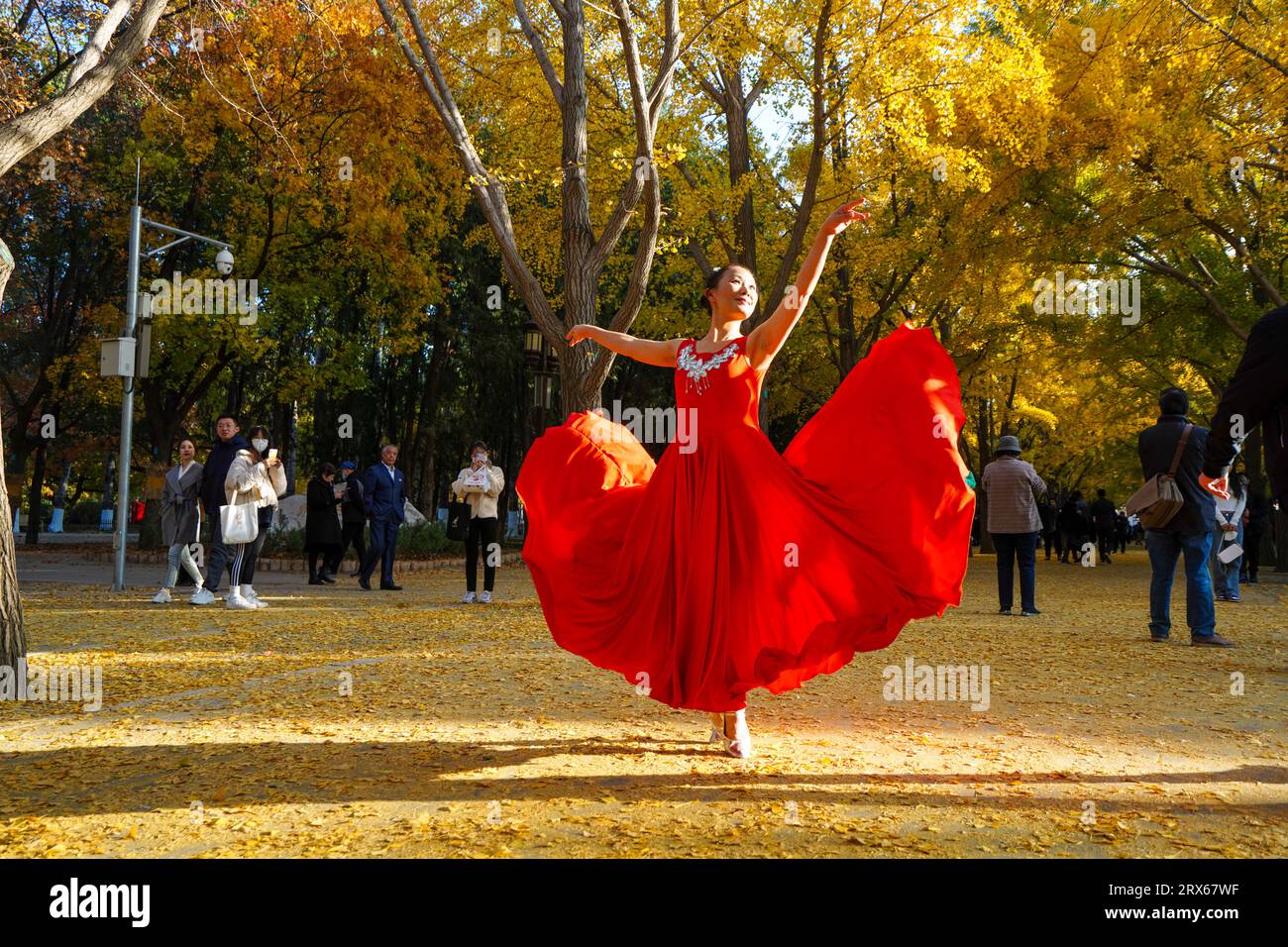 Beijing China, November 4, 2022: Red Skirt Lady Practicing Dance on ...
