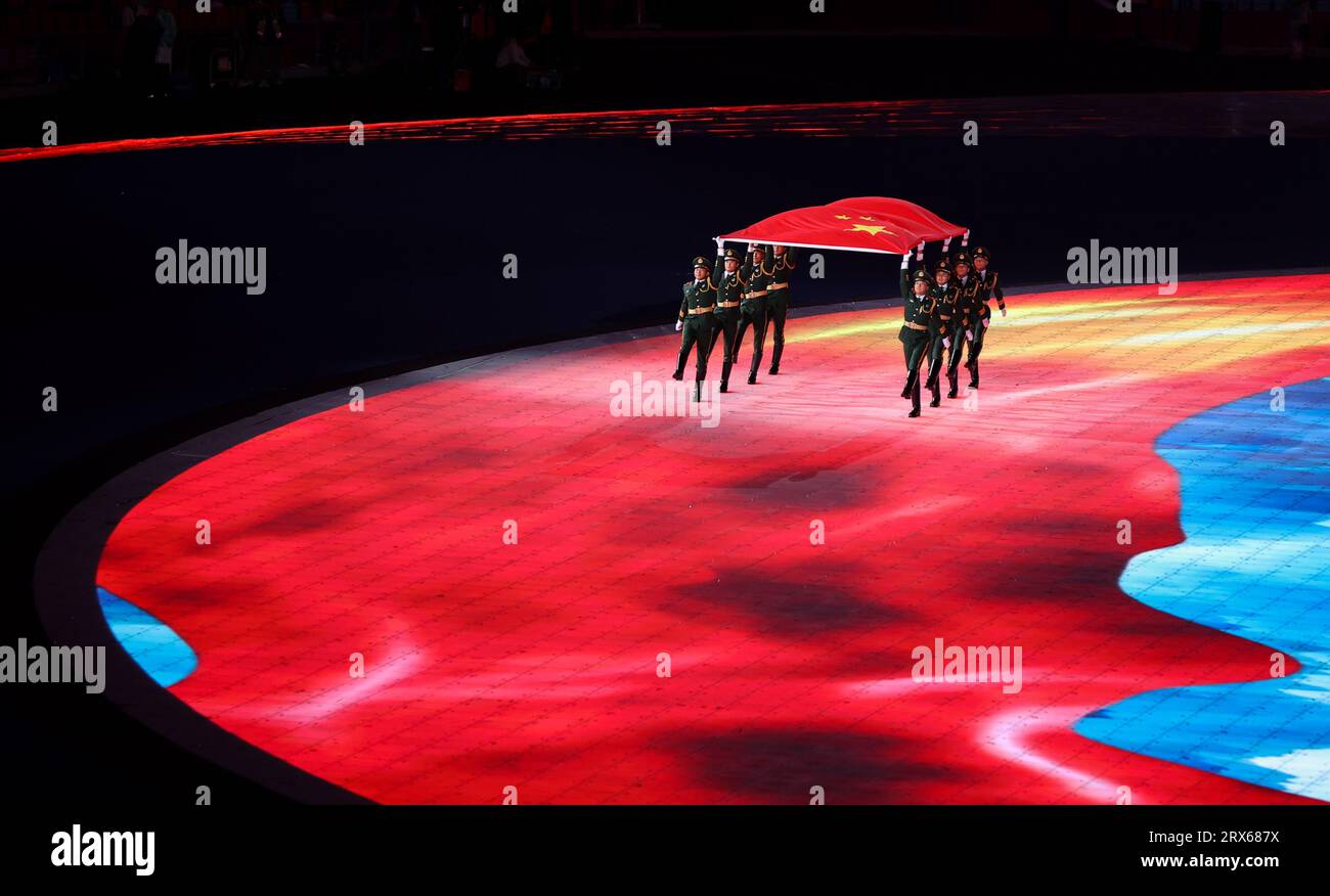Hangzhou, China's Zhejiang Province. 23rd Sep, 2023. Flag bearers carry ...