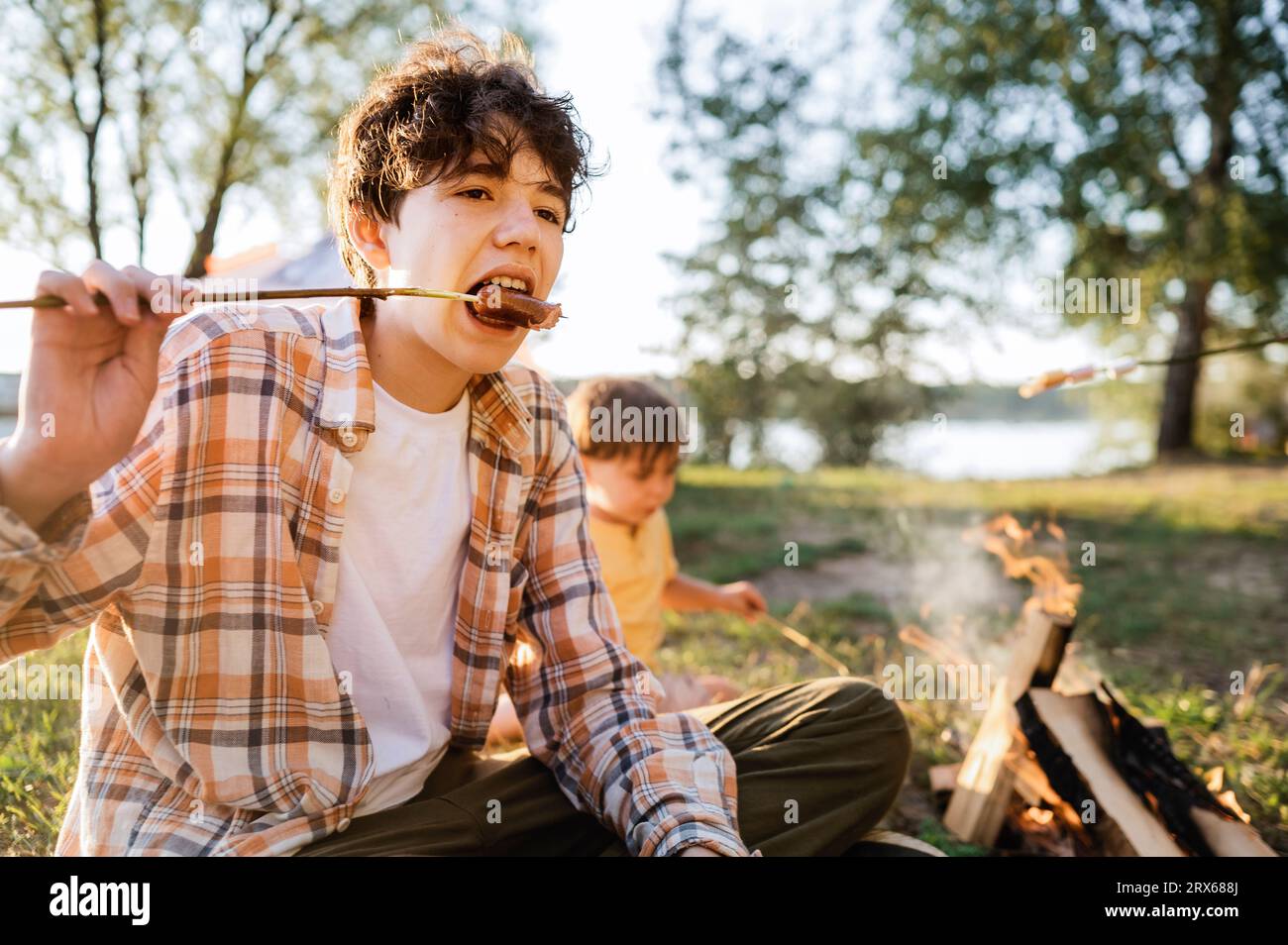 Boy eating sausage at picnic Stock Photo - Alamy