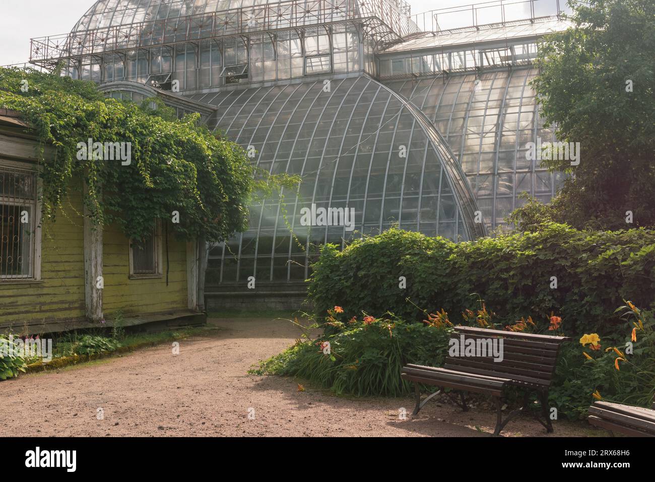 corner of an old botanical garden with a huge vintage greenhouse in the ...
