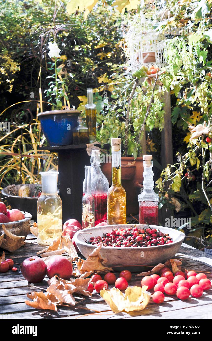 Fruits and various bottled oils on garden table Stock Photo - Alamy