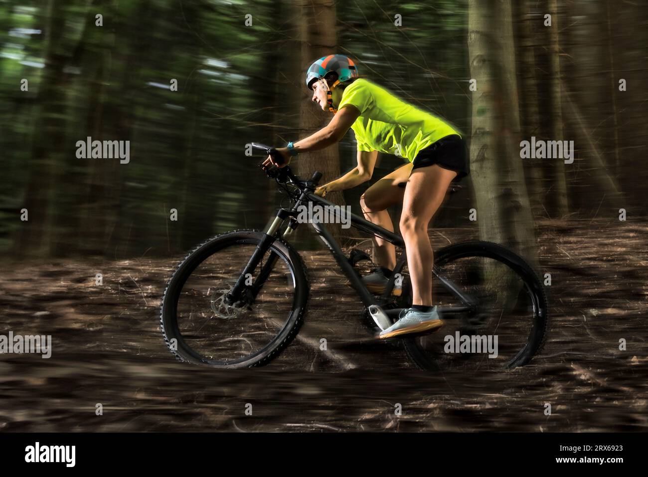 Adventurous athlete riding mountain bike in forest Stock Photo - Alamy