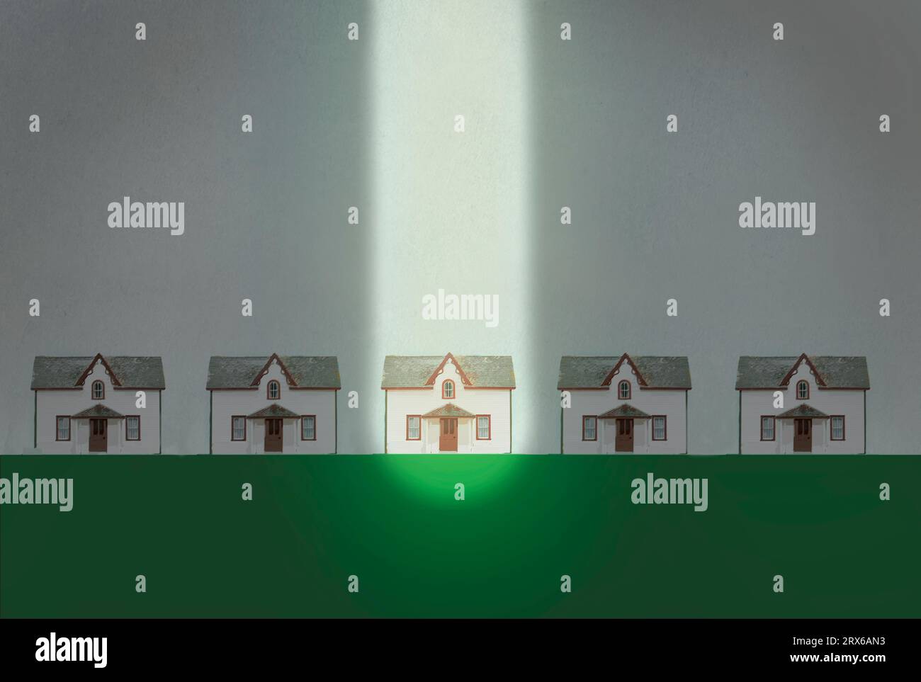 Illustration of row of houses with single one highlighted by spotlight ...