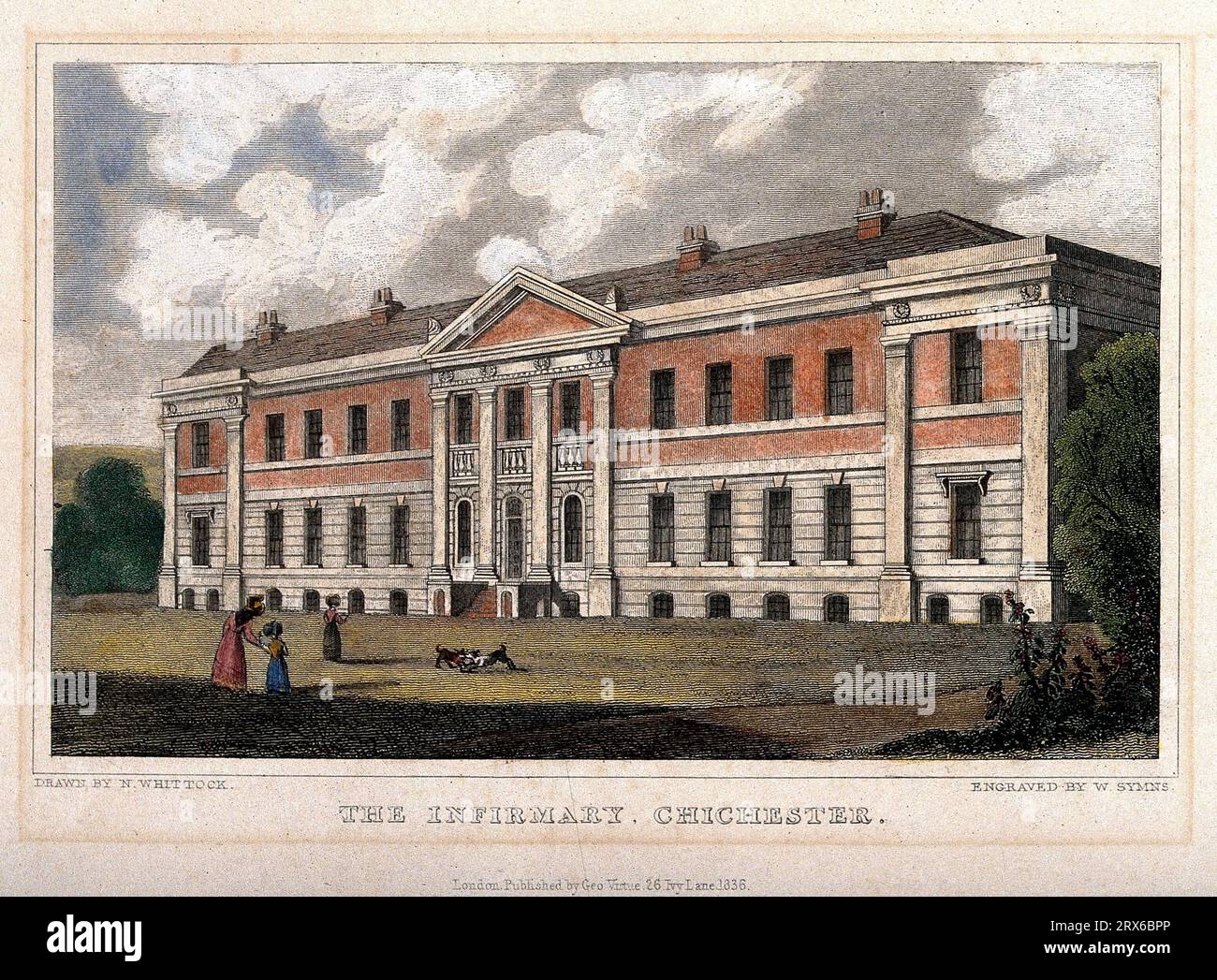 Chichester Infirmary, coloured line engraving by W. Symms after ...