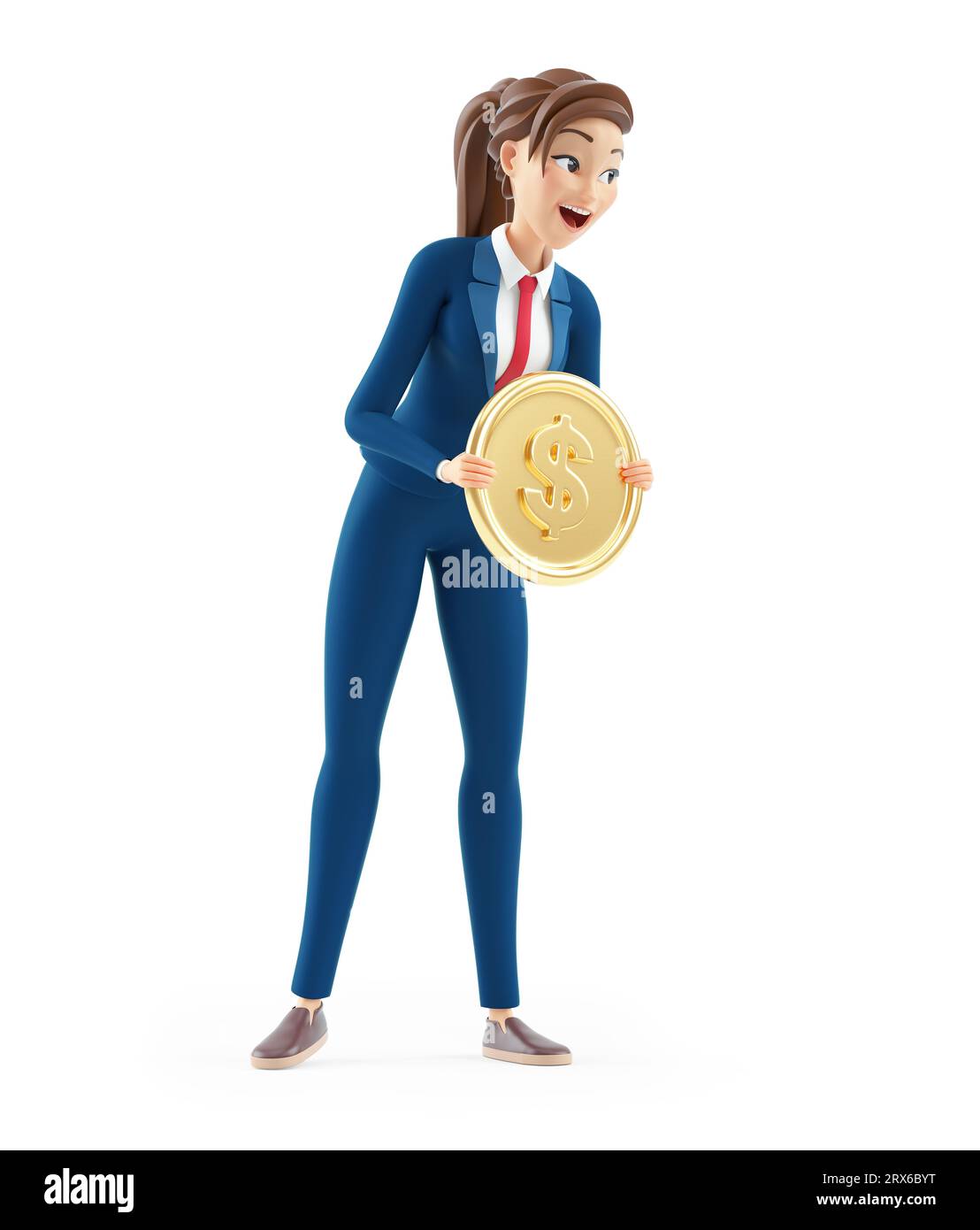 3d cartoon businesswoman holding gold coin, illustration isolated on ...