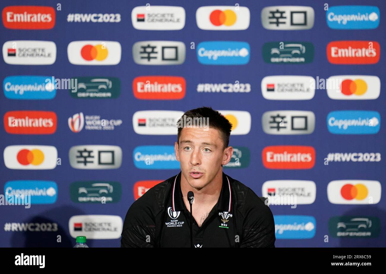 Wales' Josh Adams during a press conference at the OL Stadium in Lyon ...