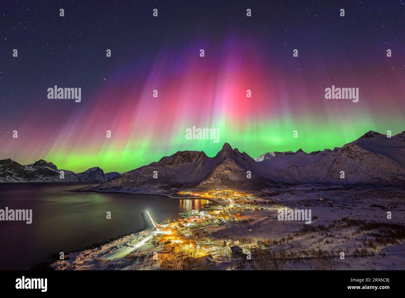 Norway, Troms og Finnmark, Mefjordvaer, Northern lights over remote ...
