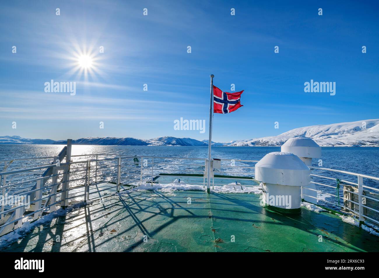 Norway, Troms og Finnmark, Bow of ship sailing from Botnham to ...