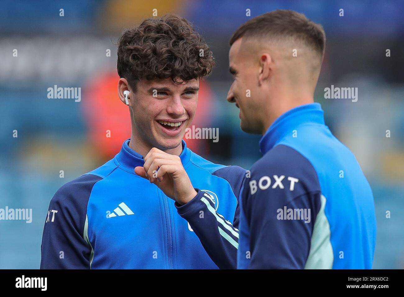 Archie Gray #22 of Leeds United during the pre match pitch inspection ...