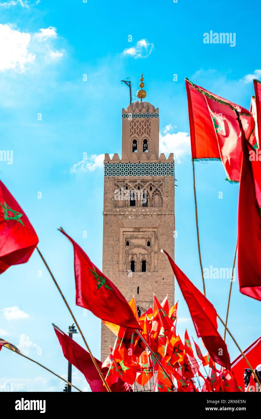 Morocco, Marrakesh-Safi, Marrakesh, Moroccan flags in front of ...