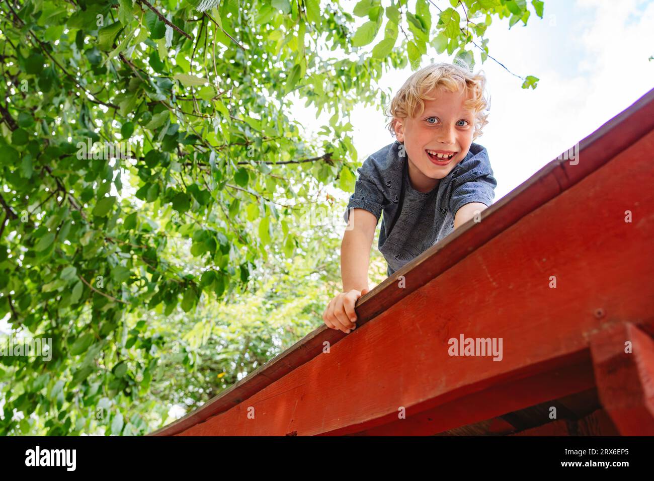 Happy boy on roof of playground house Stock Photo - Alamy