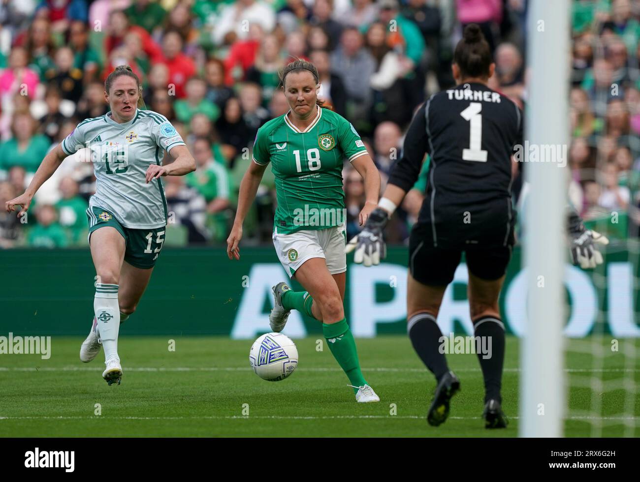 Republic of Ireland's Kyra Carusa (centre) bears down on goal during ...