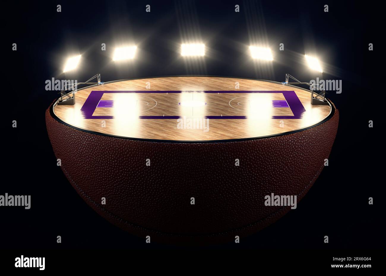 A basketball ball split in half revealing a marked wooden court with ...