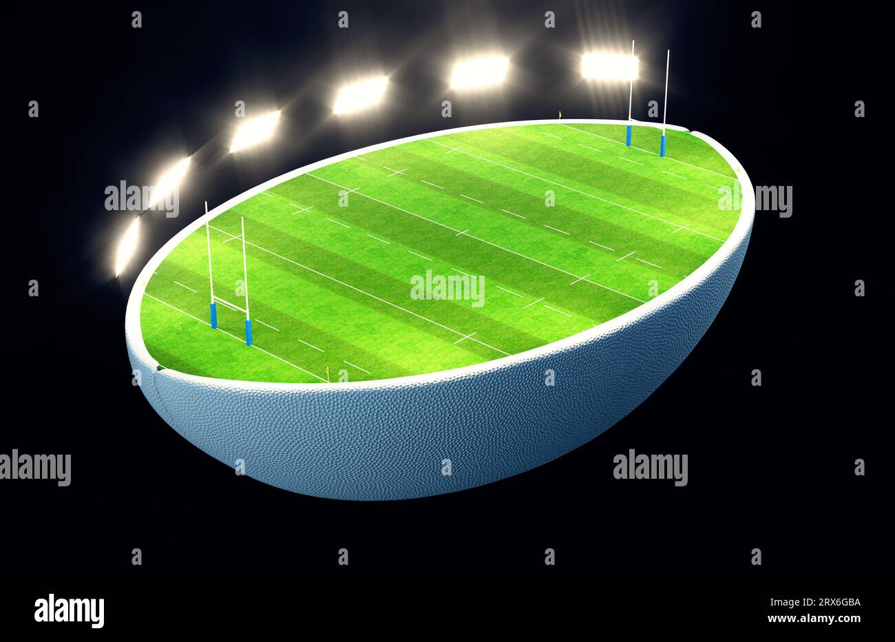 A rugby ball split in half revealing a marked green grass rugby pitch ...