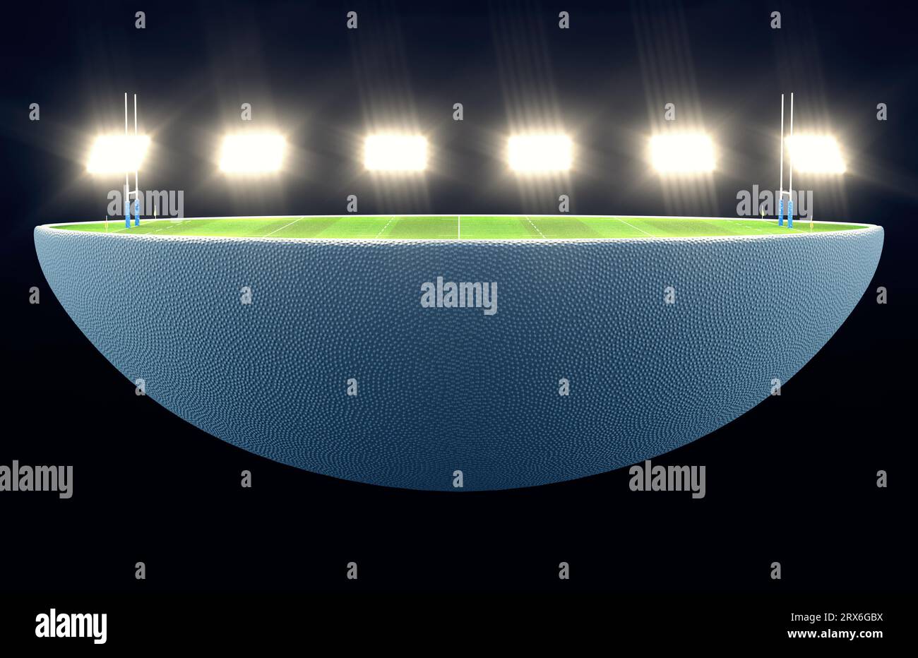 A rugby ball split in half revealing a marked green grass rugby pitch ...