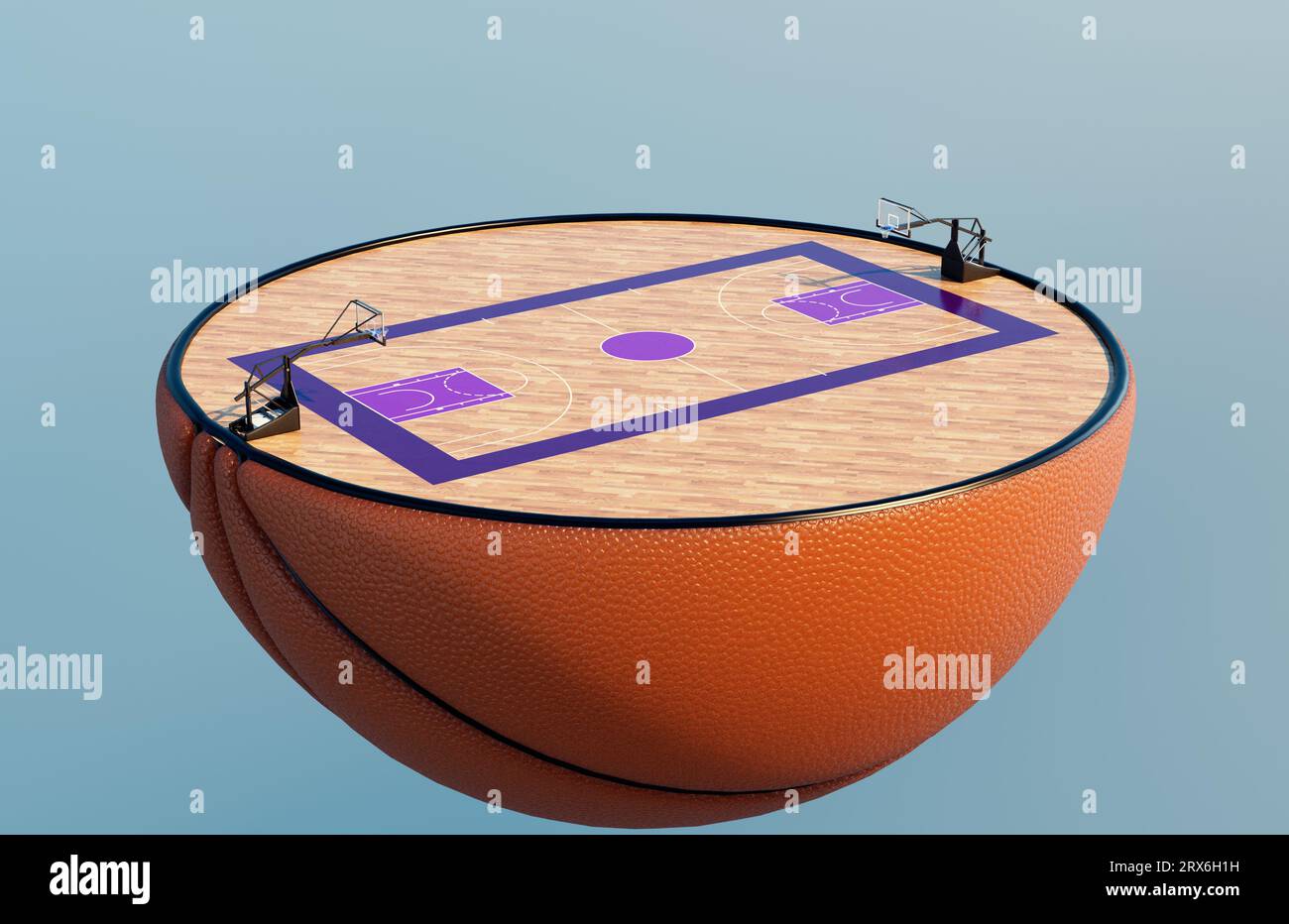 A basketball ball split in half revealing a marked wooden court with ...
