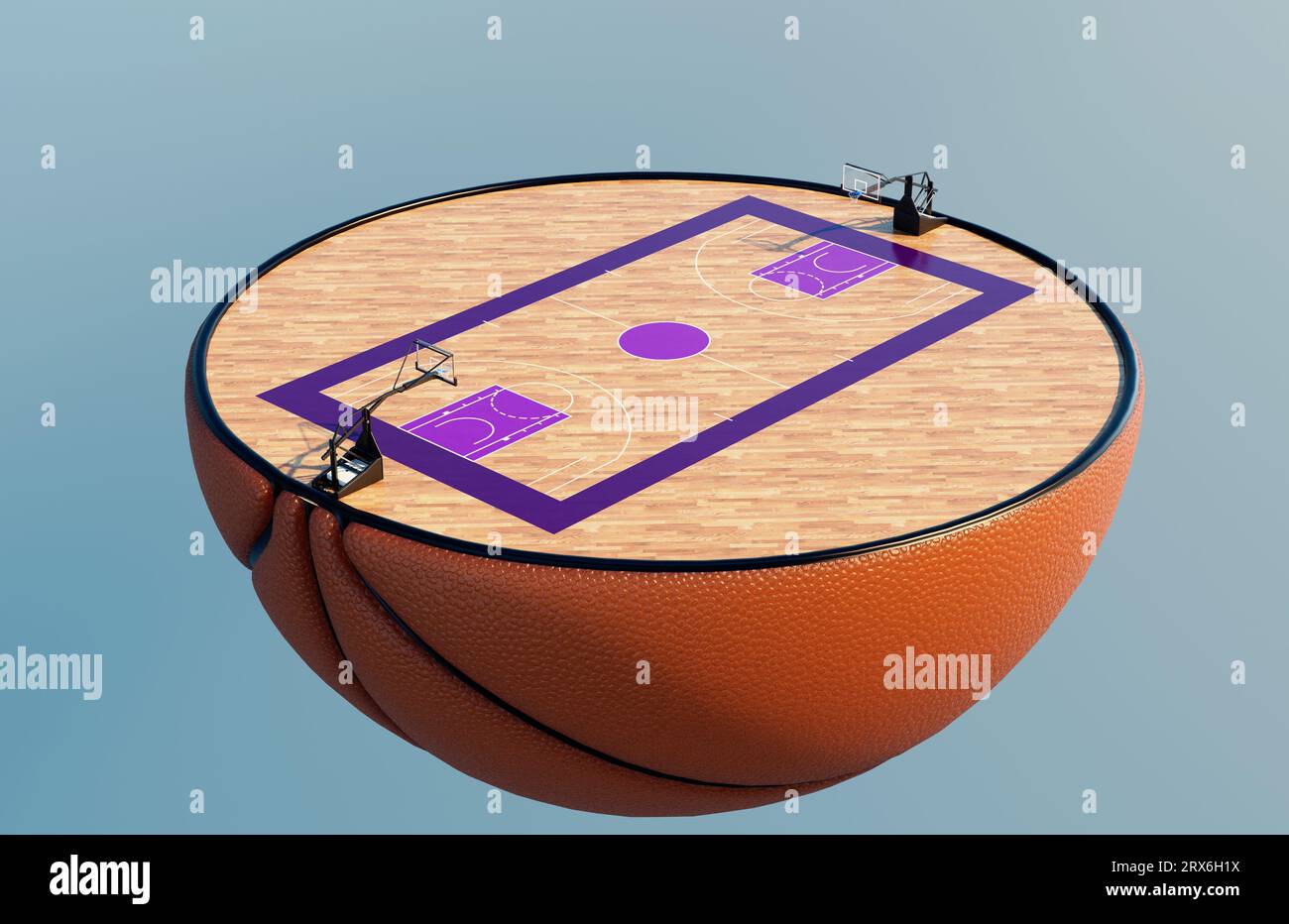 A basketball ball split in half revealing a marked wooden court with ...