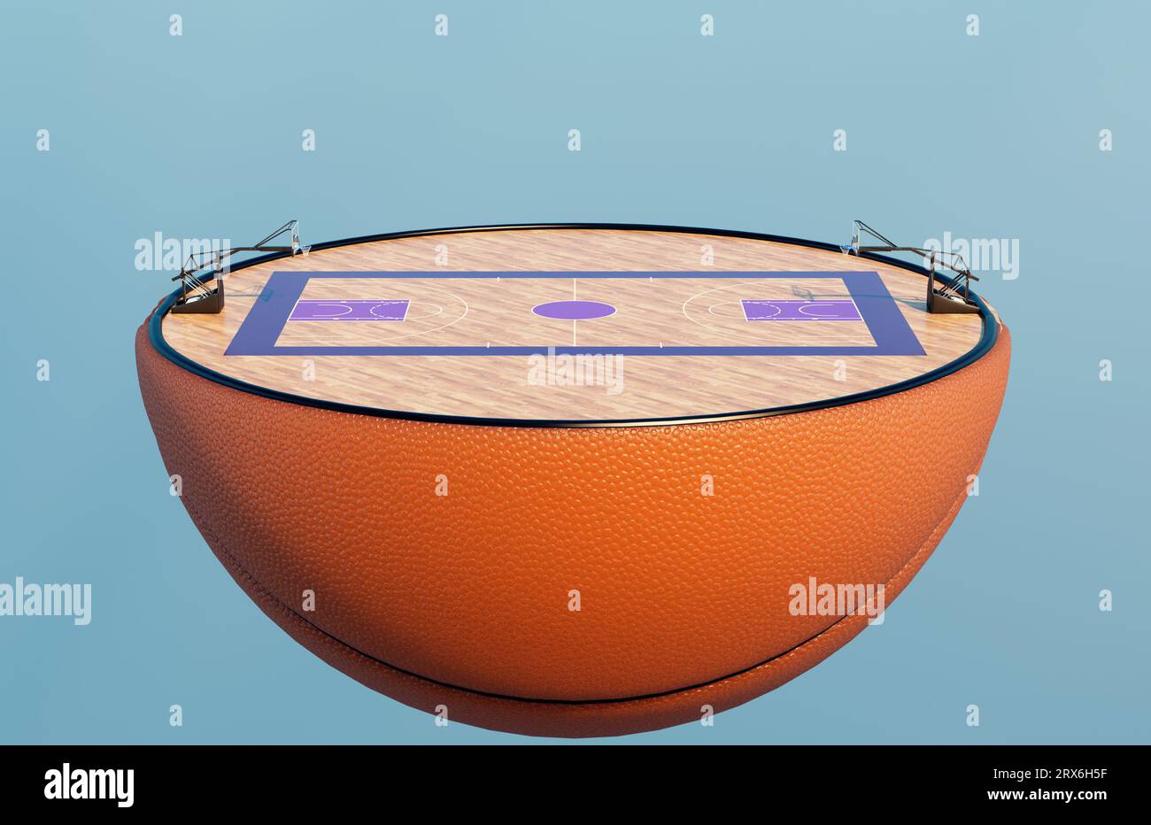 A basketball ball split in half revealing a marked wooden court with ...