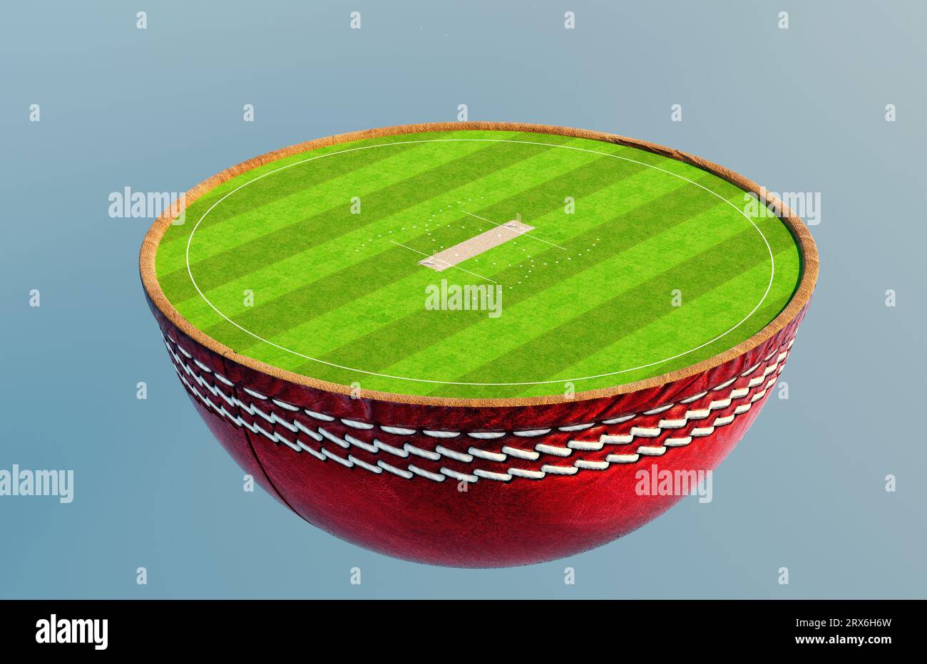 A cricket ball split in half revealing a marked green grass cricket ...
