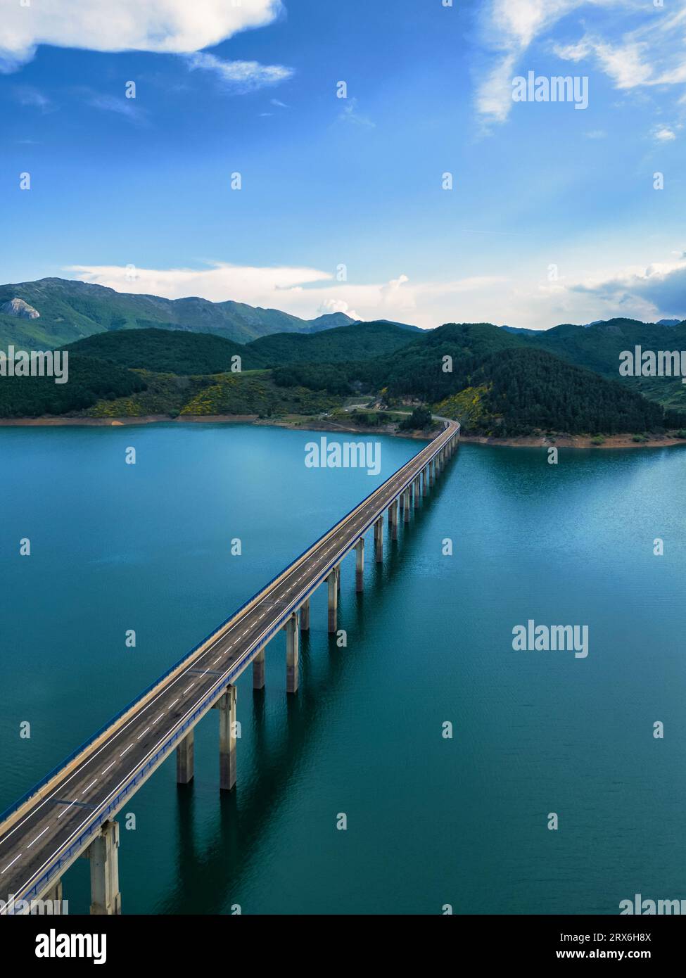 Spain, Asturias, Riano, Aerial view of bridge stretching over Embalse ...